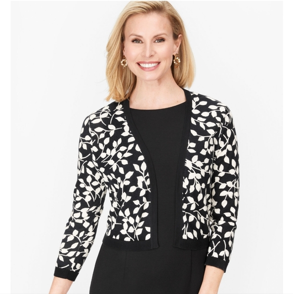 Talbots | Sweaters | Talbots Plus Size Classic Shrug Black Cream Leaf ...